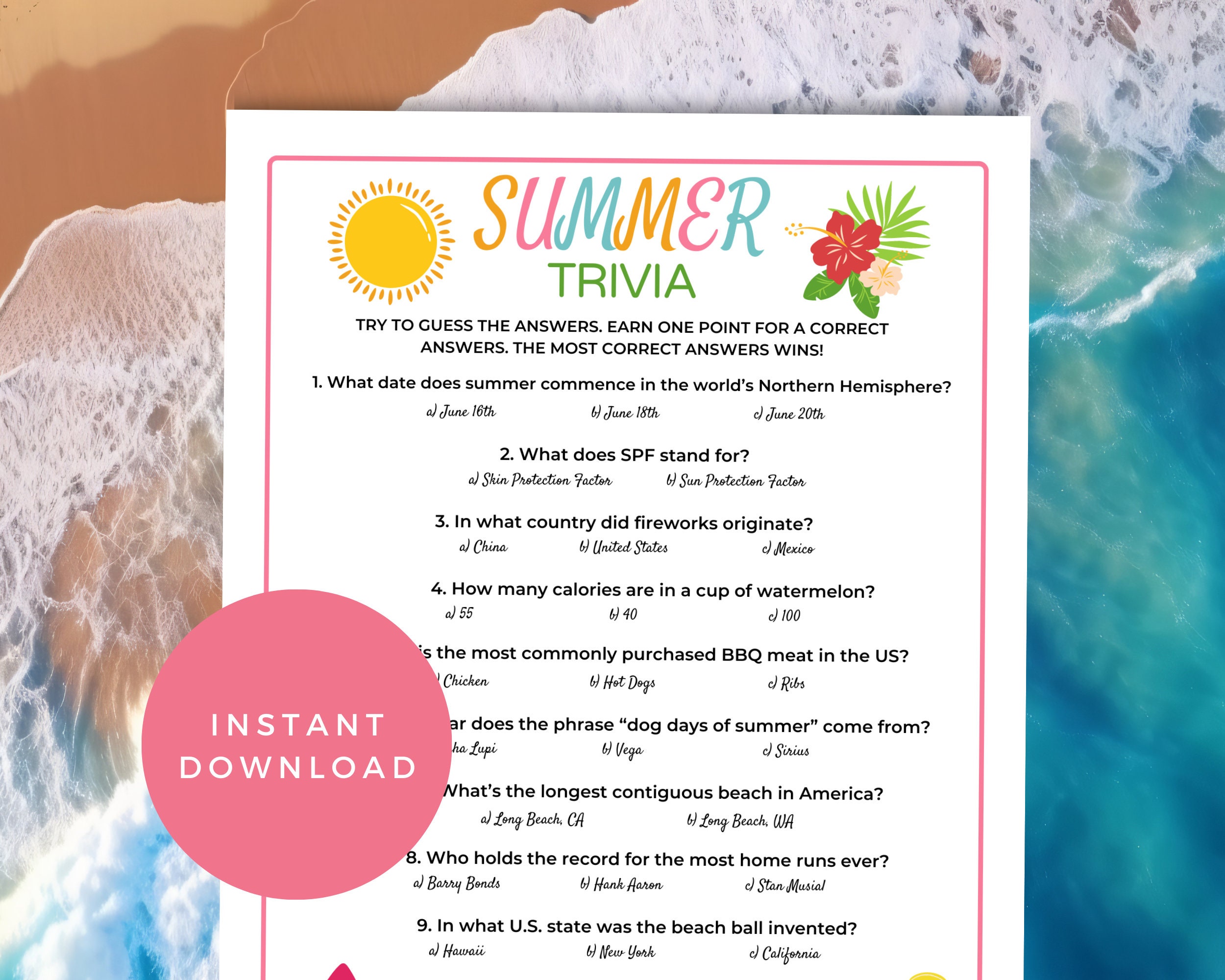 Summer Trivia Game, Summer Favors Decor, Family Reunion Party Game ...