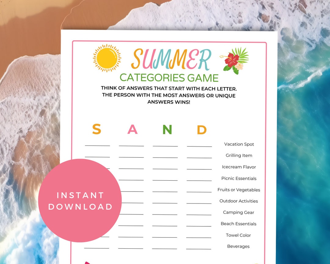 Summer Categories Game, Printable Summer Game for Kids & Adults ...