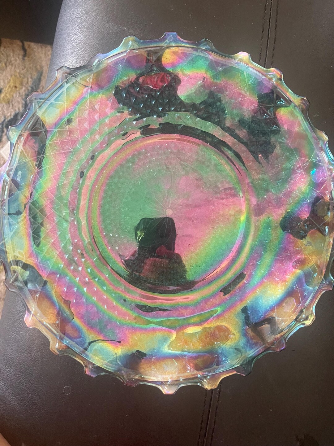 Blue Carnival Glass Plate Platter 10" Ruffled Starburst VTG Diamond ...