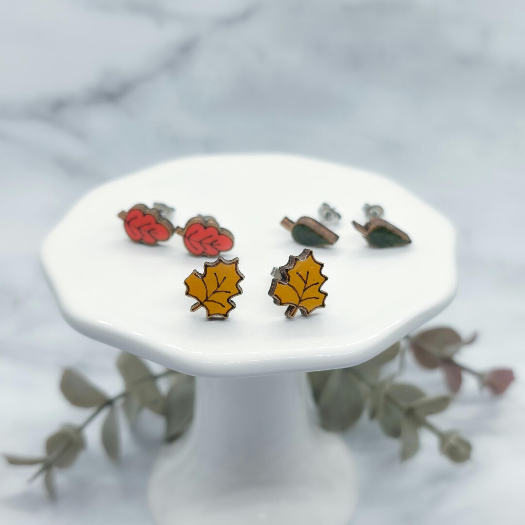 Autumn Leaf Stud Earrings Set (3 Pairs) | Fall Earrings | Handmade Wood ...
