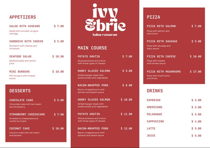 White and Maroon Restaurant Menu | Canva Menu Template | Customisable ...