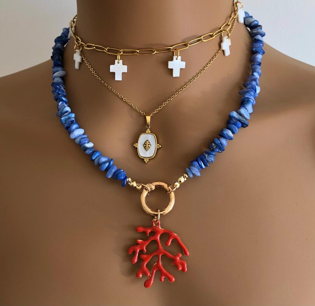 Blue Shell Necklace in Boho Chic With Carabiner and Large Red Coral ...