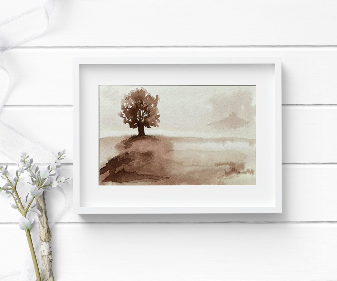 Hand Painted Watercolor Vintage Sepia Landscape Miniature Abstract ...