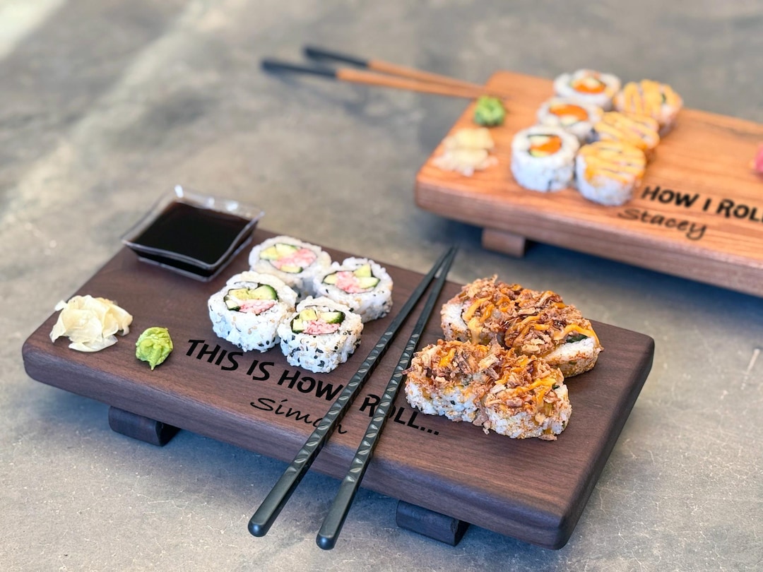 Personalized Wooden Sushi Board Set of 2: Maple or Walnut, Engraved ...