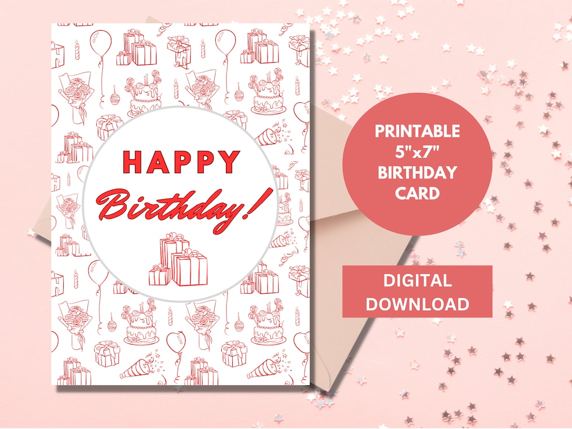 Happy Birthday Card, Digital Download, Printable Red Birthday Card ...
