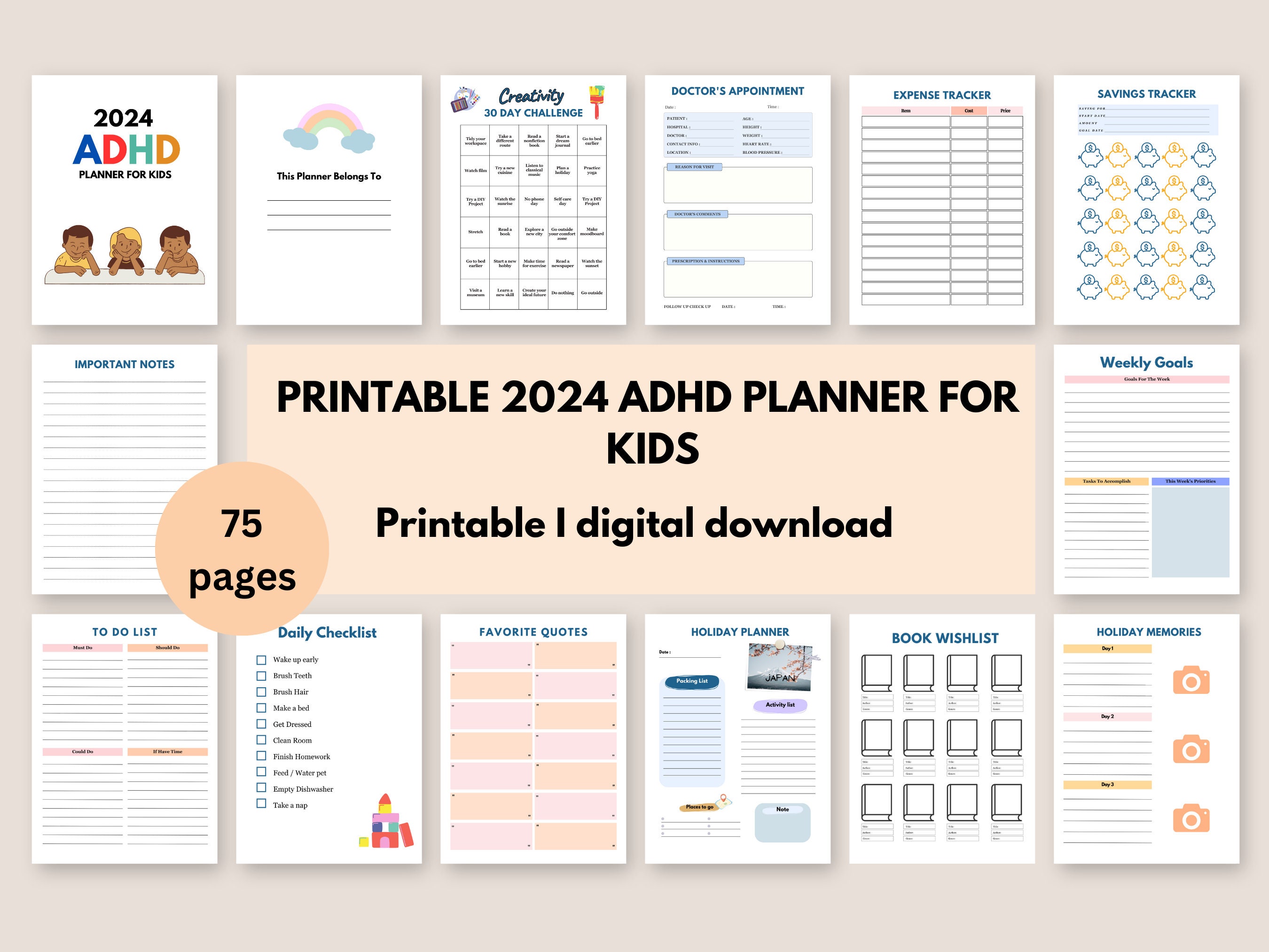 Printable 2024 ADHD Planner for Kids, Digital Planner, Printable ...