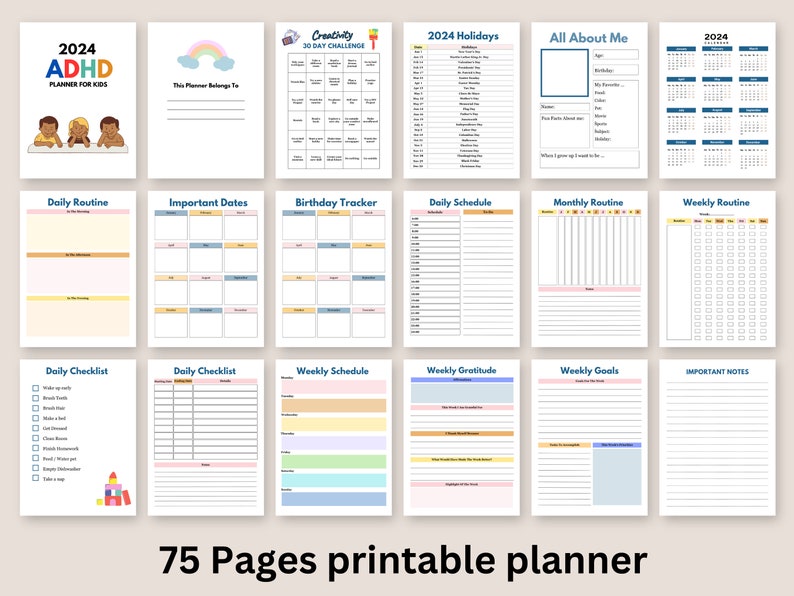 Printable 2024 ADHD Planner for Kids, Digital Planner, Printable ...