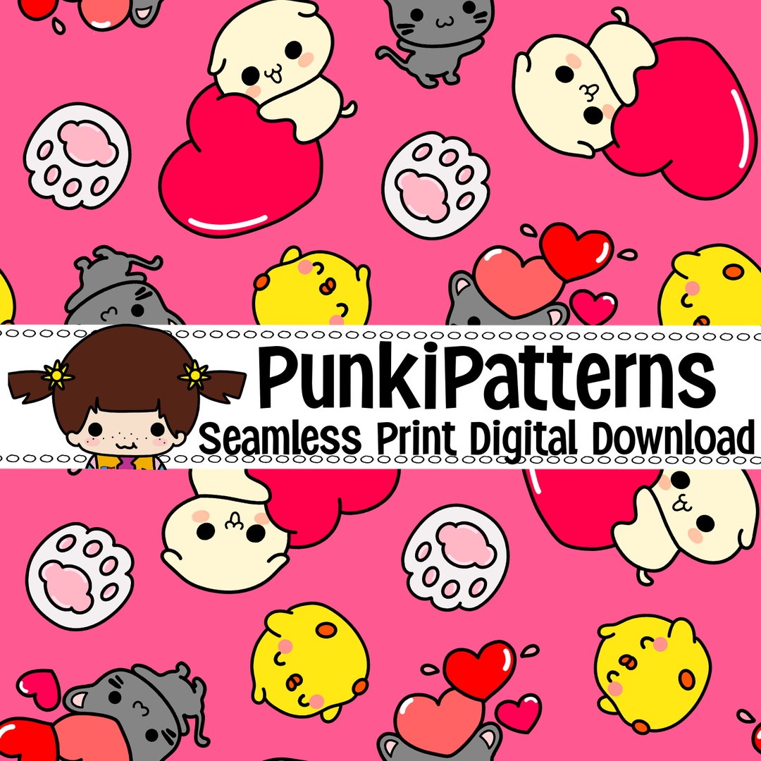 Hugsnhearts Pink- Cute Animals - Seamless Digital Pattern - Kawaii ...
