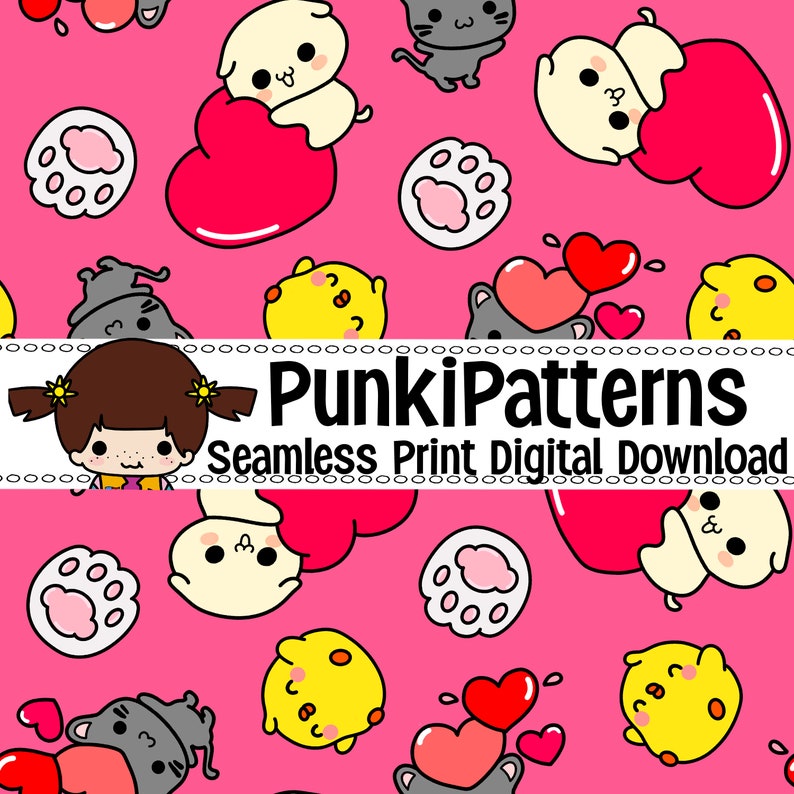 Hugsnhearts Pink- Cute Animals - Seamless Digital Pattern - Kawaii ...