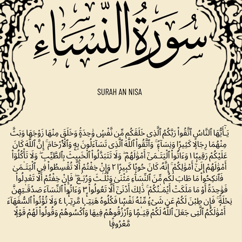 Surah an Nisa, Islamic Wall Art Print, Holy Quran Poster, Muslim Arabic Calligraphy, Islamic Art ...