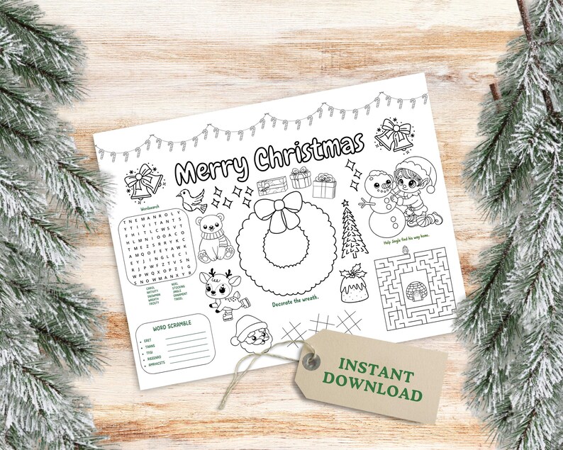 Christmas Activity Page for Kids, Printable Christmas Coloring Placemat ...