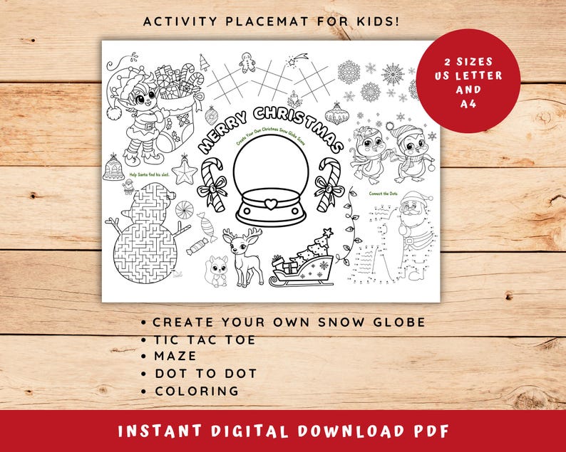 Christmas Activity Page for Kids, Printable Christmas Coloring Placemat ...