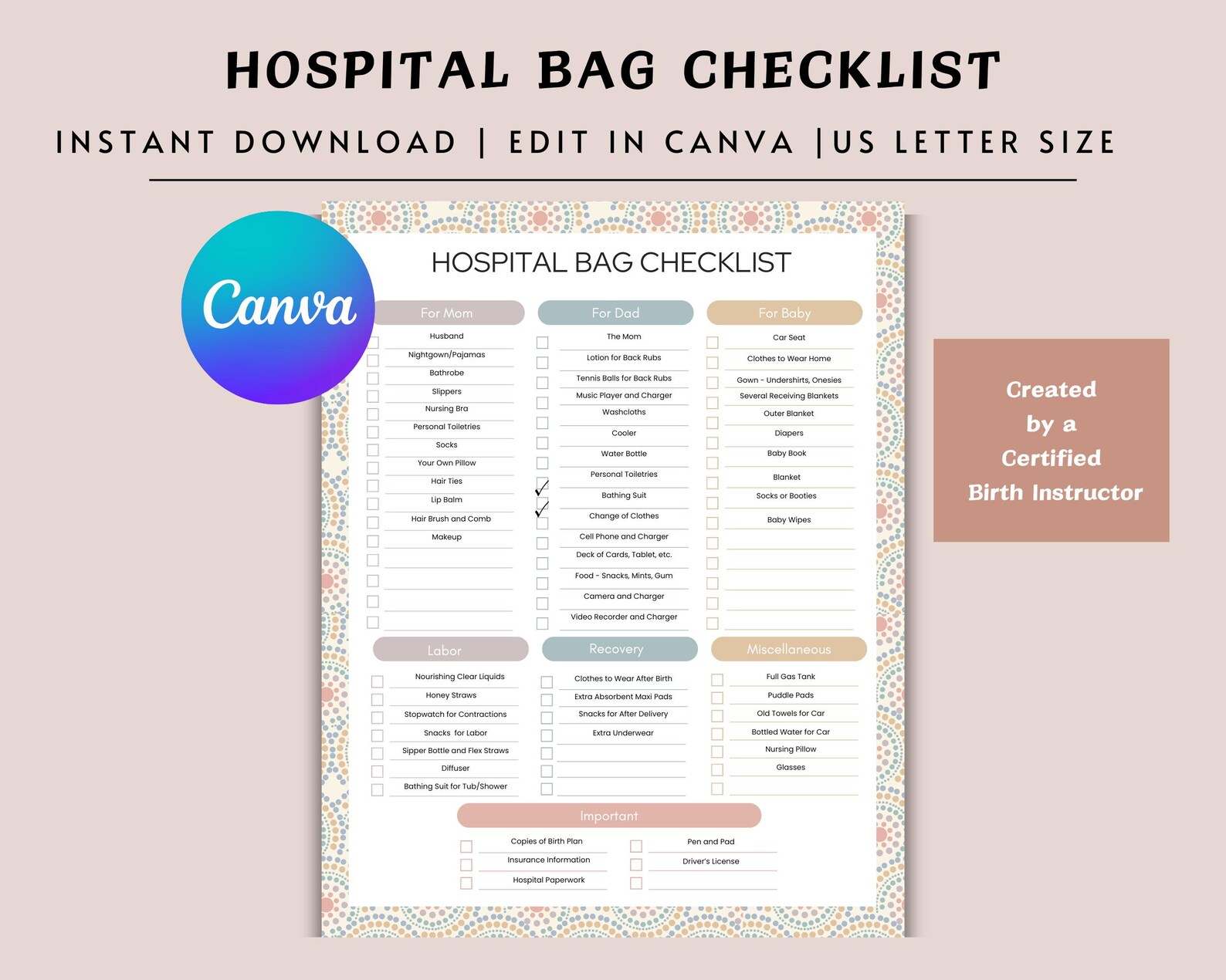 Editable Hospital Bag Packing Checklist | Labor and Delivery Packing ...