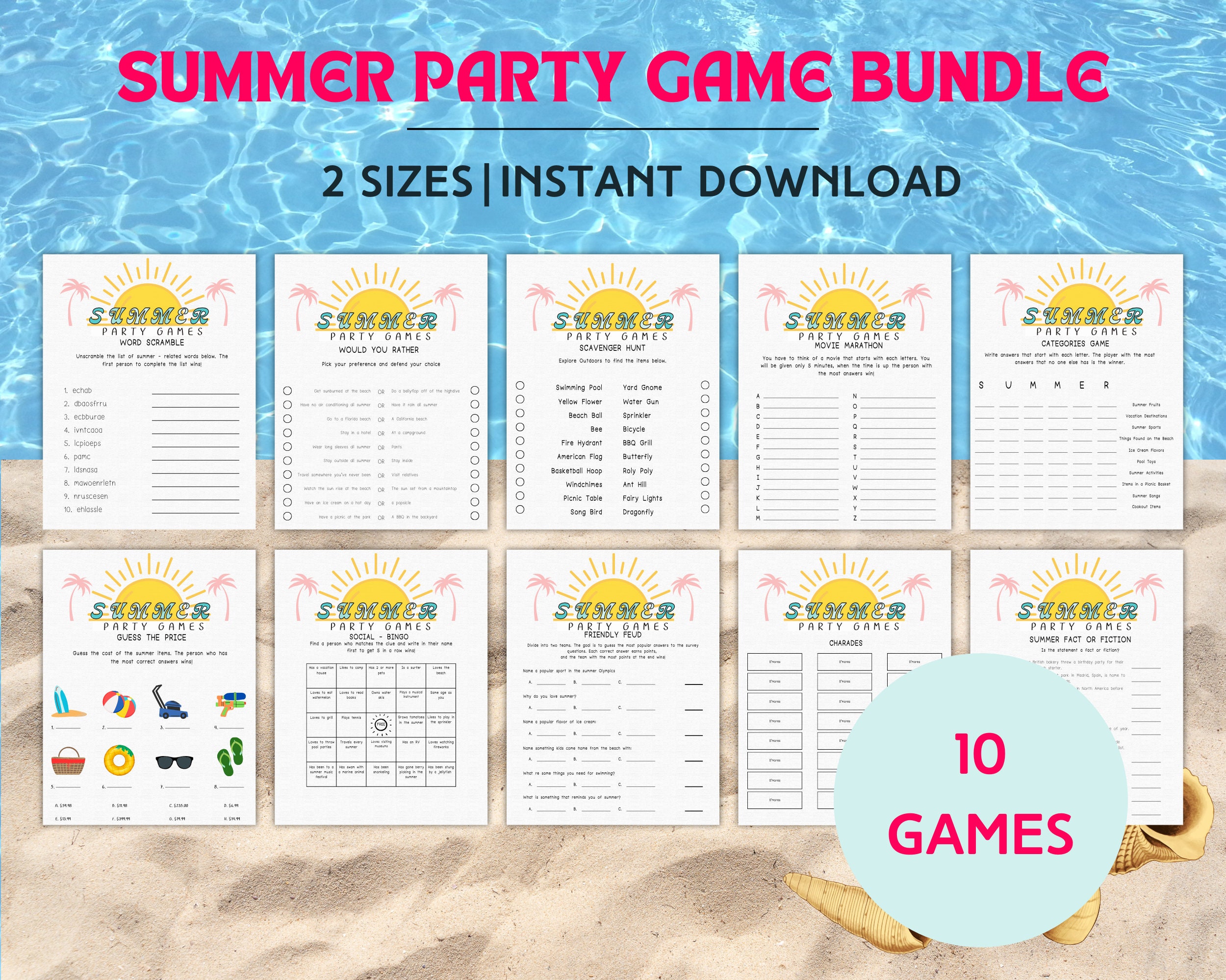 Summer Party Game Bundle | 10 Printable Summer Themed Games | Beach ...