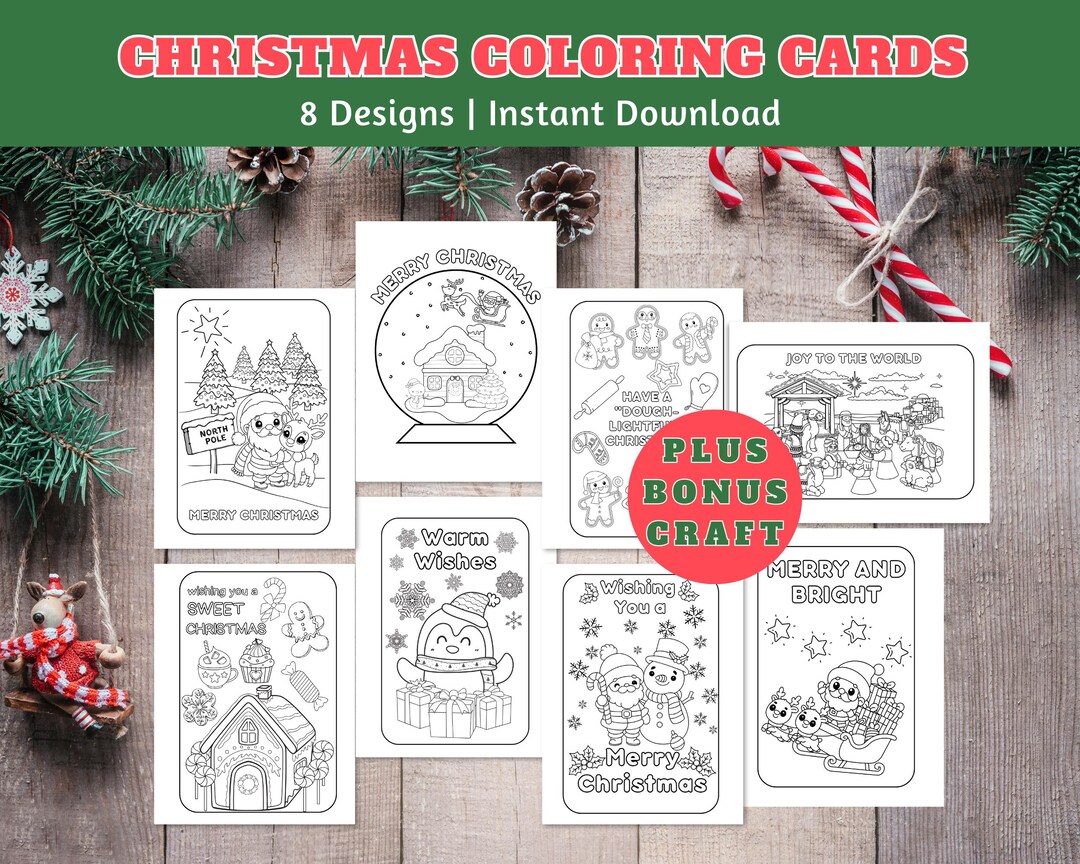 Christmas Coloring Cards, Kids Holiday Art Craft, Christmas Card ...