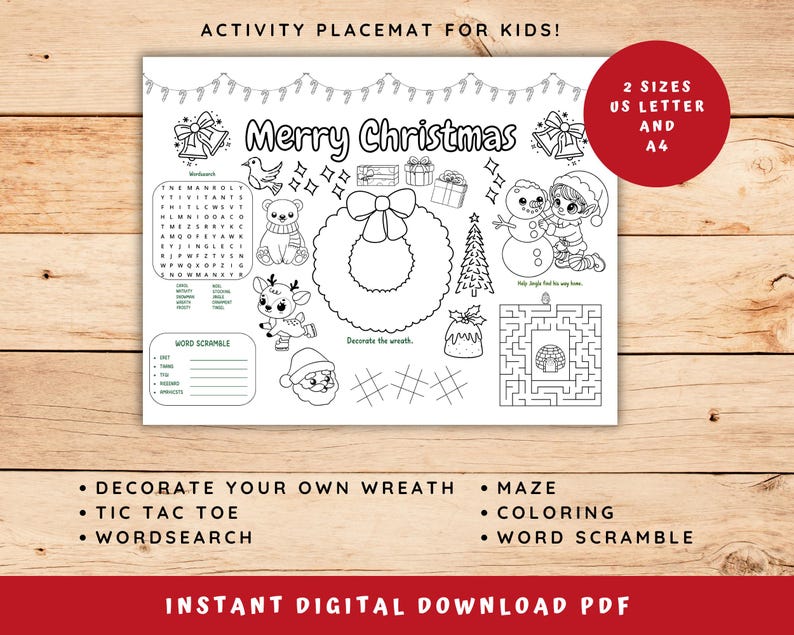 Christmas Activity Page for Kids, Printable Christmas Coloring Placemat ...