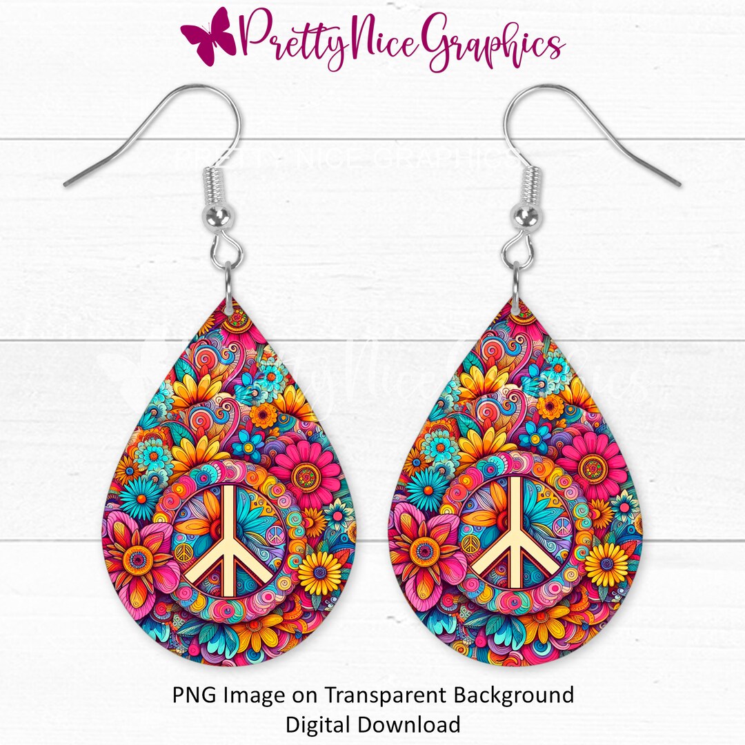 Peace Sign Floral, Teardrop Earring PNG Sublimation Design | Teardrop ...