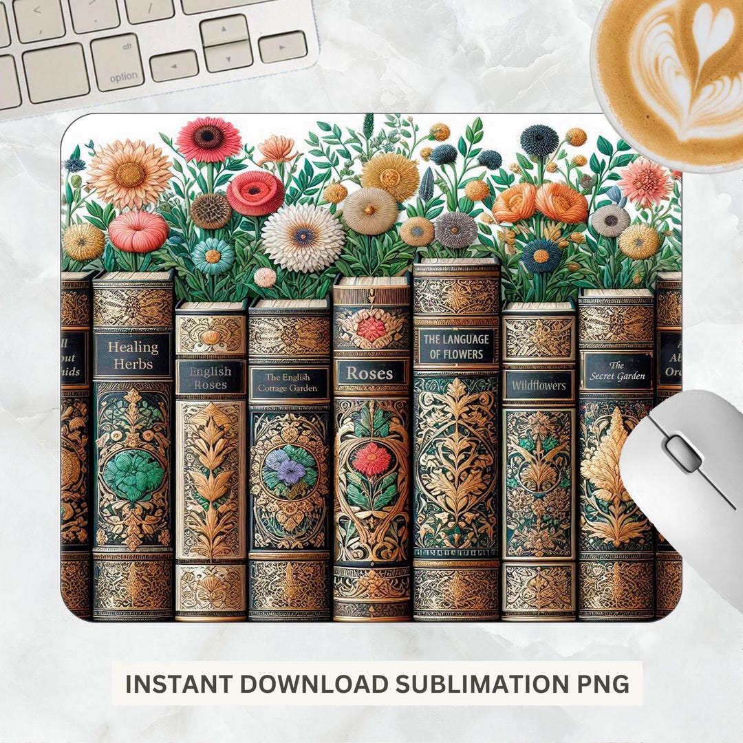 Garden Books Mouse Pad PNG | Vintage Books Floral Desk Mat • Literary ...