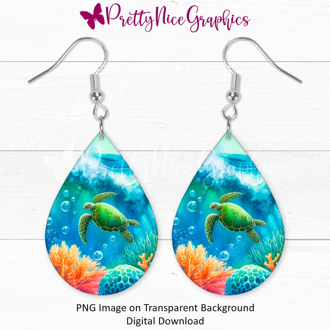Sea Turtle Teardrop Earring PNG • Coral Reef Underwater Sublimation ...