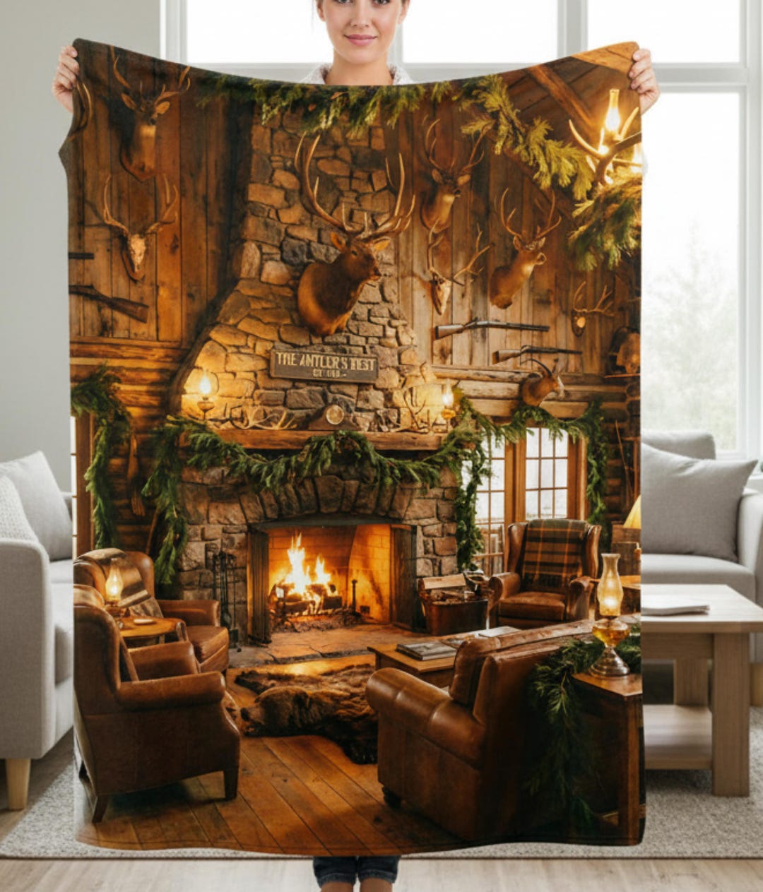 Hunting Lodge Cozy Cabin Fireplace Scene Blanket | Sherpa Fleece Throw ...