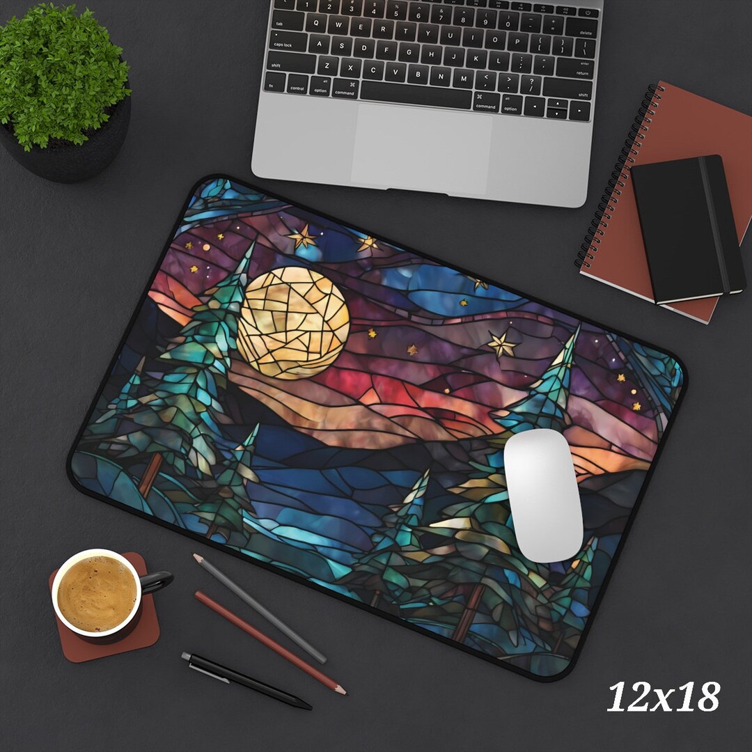 Stained Glass Pine Trees and Moon Office Desk Mat, Available in 3 Sizes ...