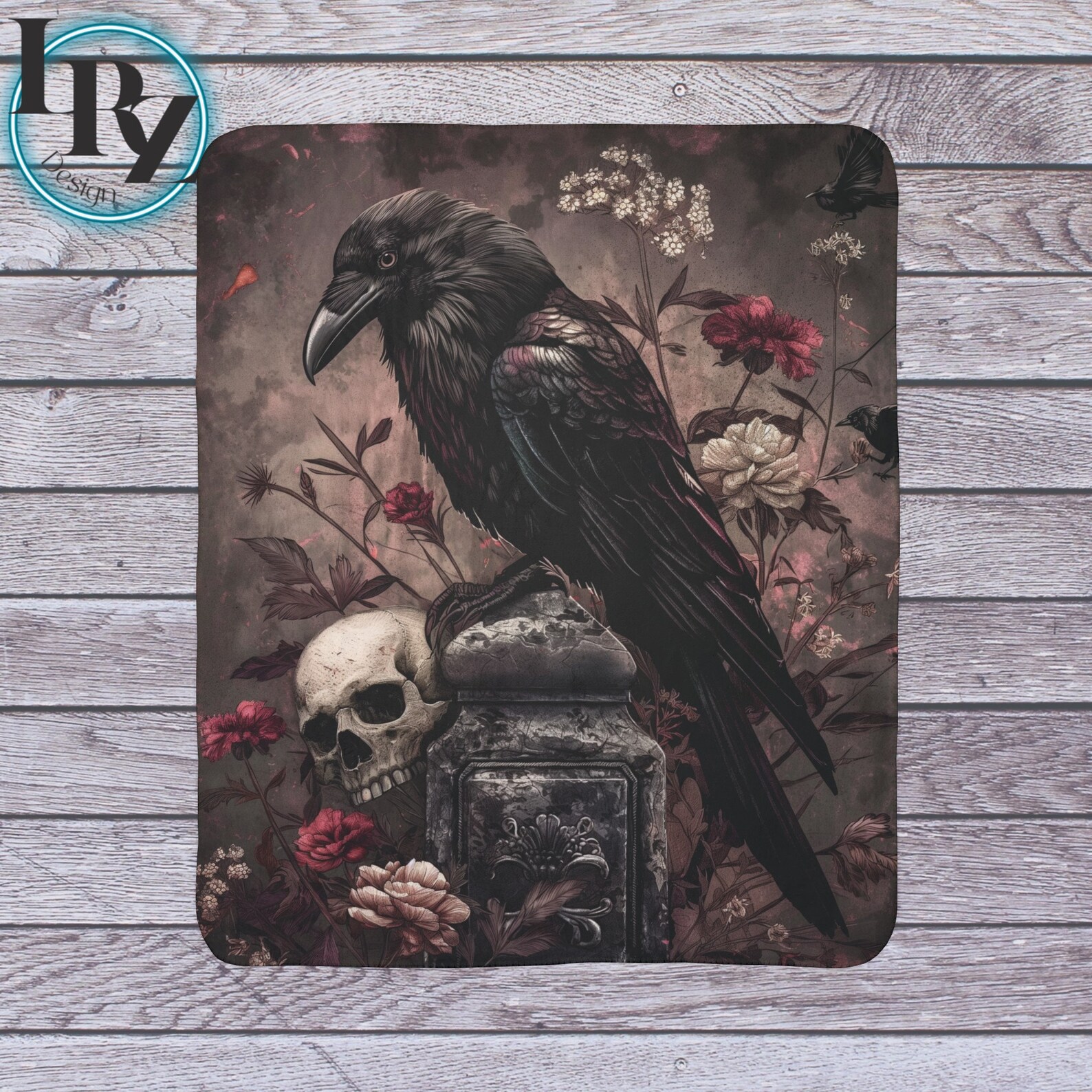 Gothic Raven on Tombstone With Skull Fleece Sherpa Blanket, Gothic ...