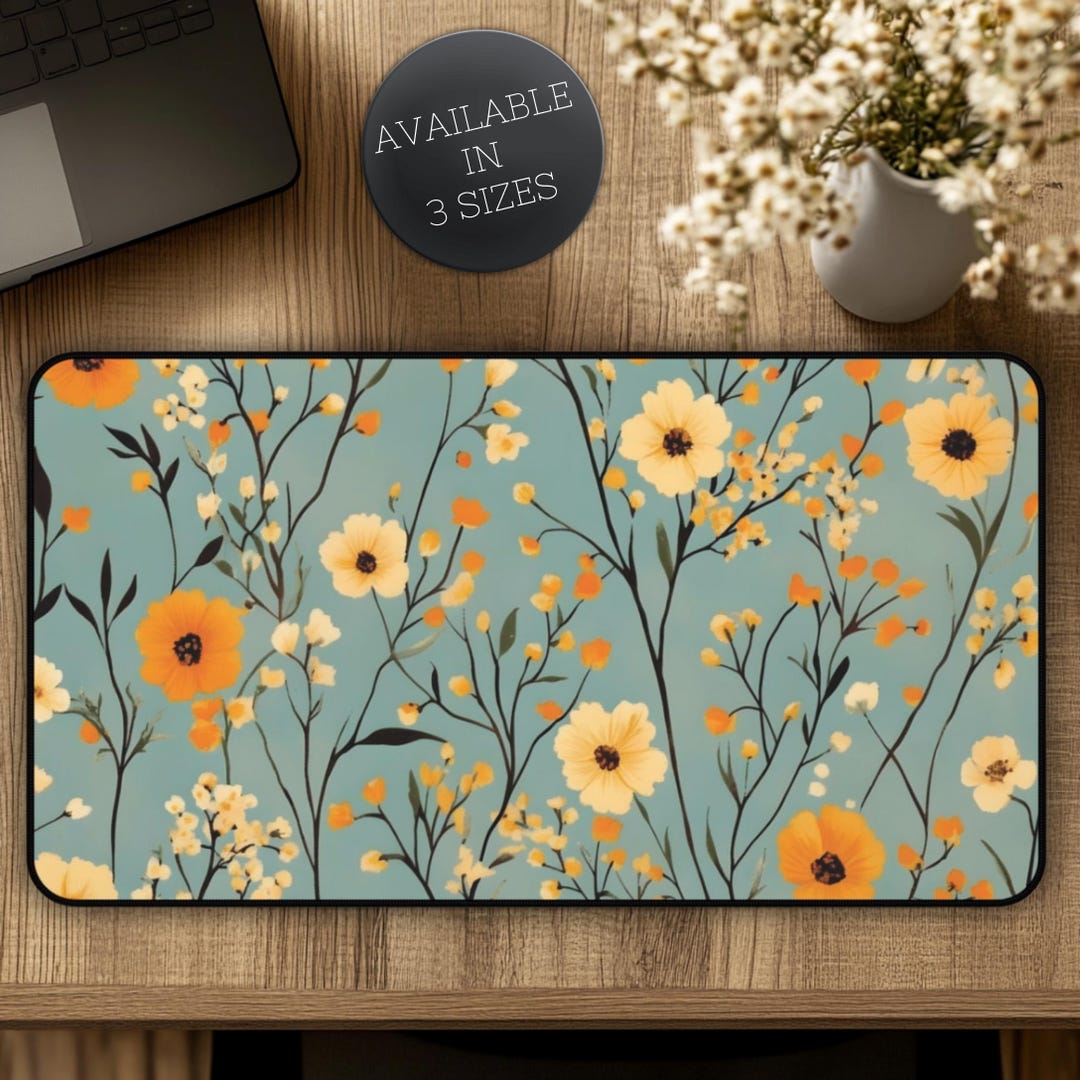 Flower Desk Mat, Boho Desk Pad, Floral Mousepad, Blue & Orange Desk Mat ...