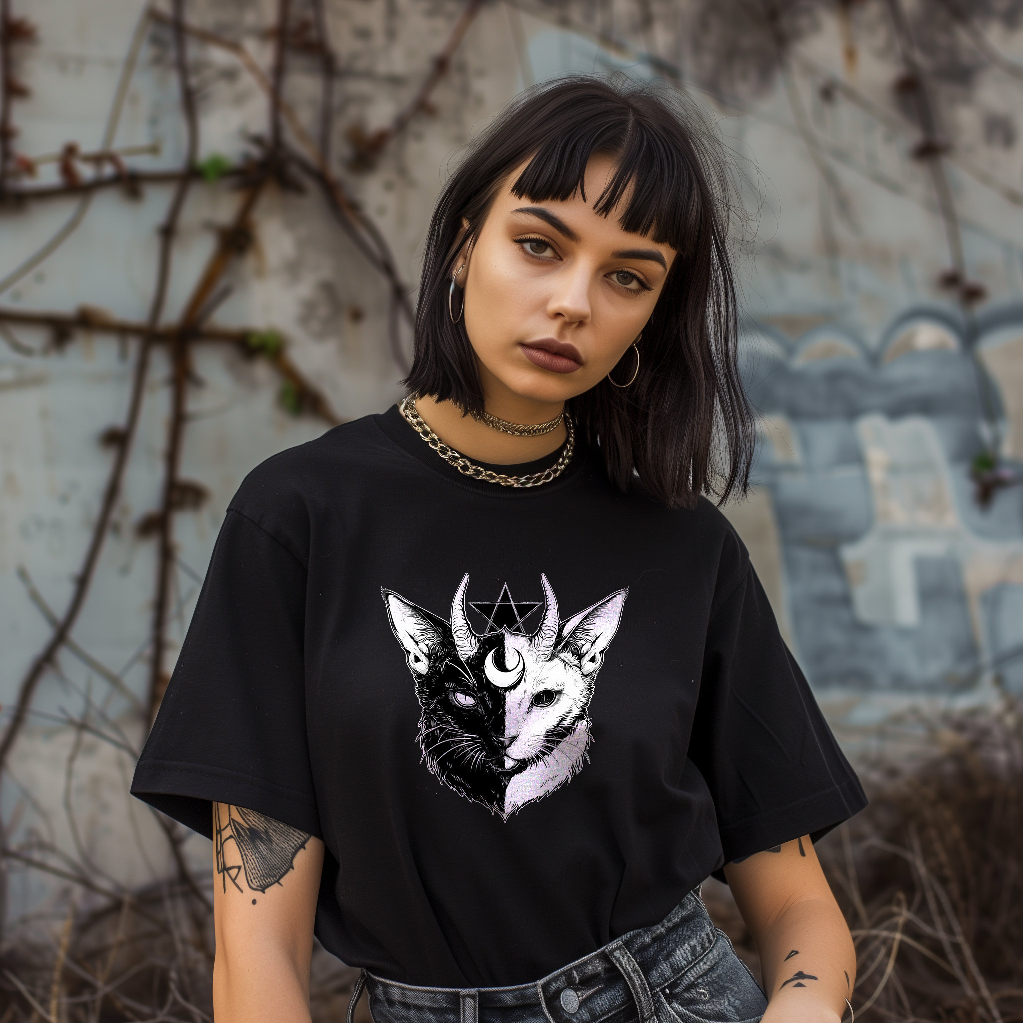 Devil Cat T-shirt, Witch Aesthetic, Yin Yang Illustration, Goth T Shirt, Goth Black Shirt, Goth ...