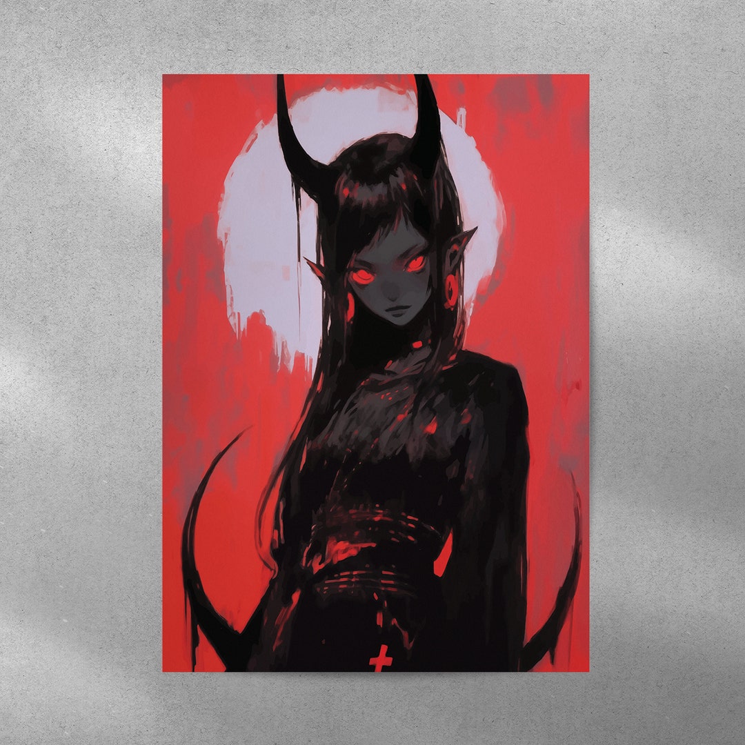 Demonic Art Print Red Demon Portrait Gothic Style Crimson Moon Wall ...