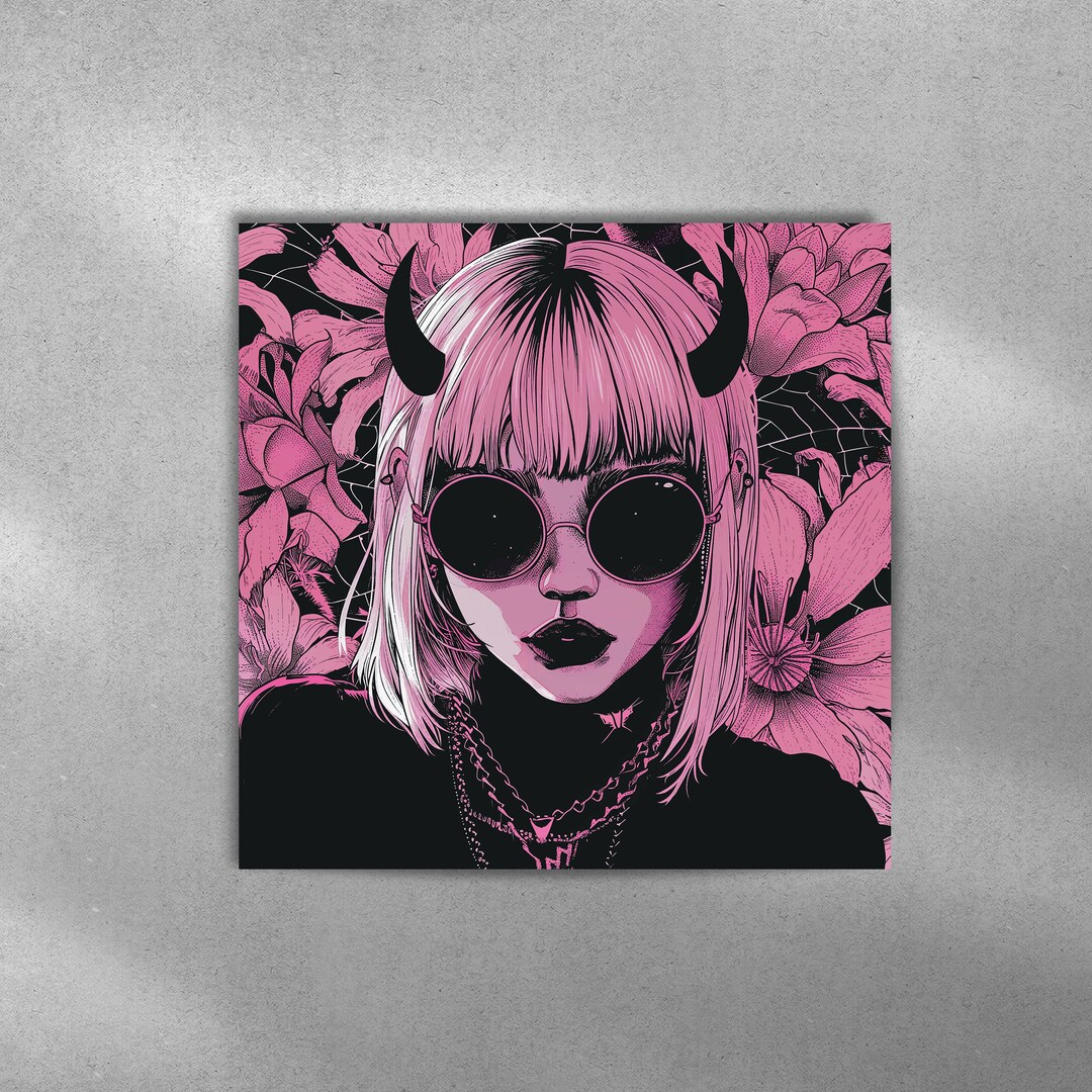 Pink Lily Demon Girl Poster, Gothic Floral Wall Art, Edgy Horned Woman ...