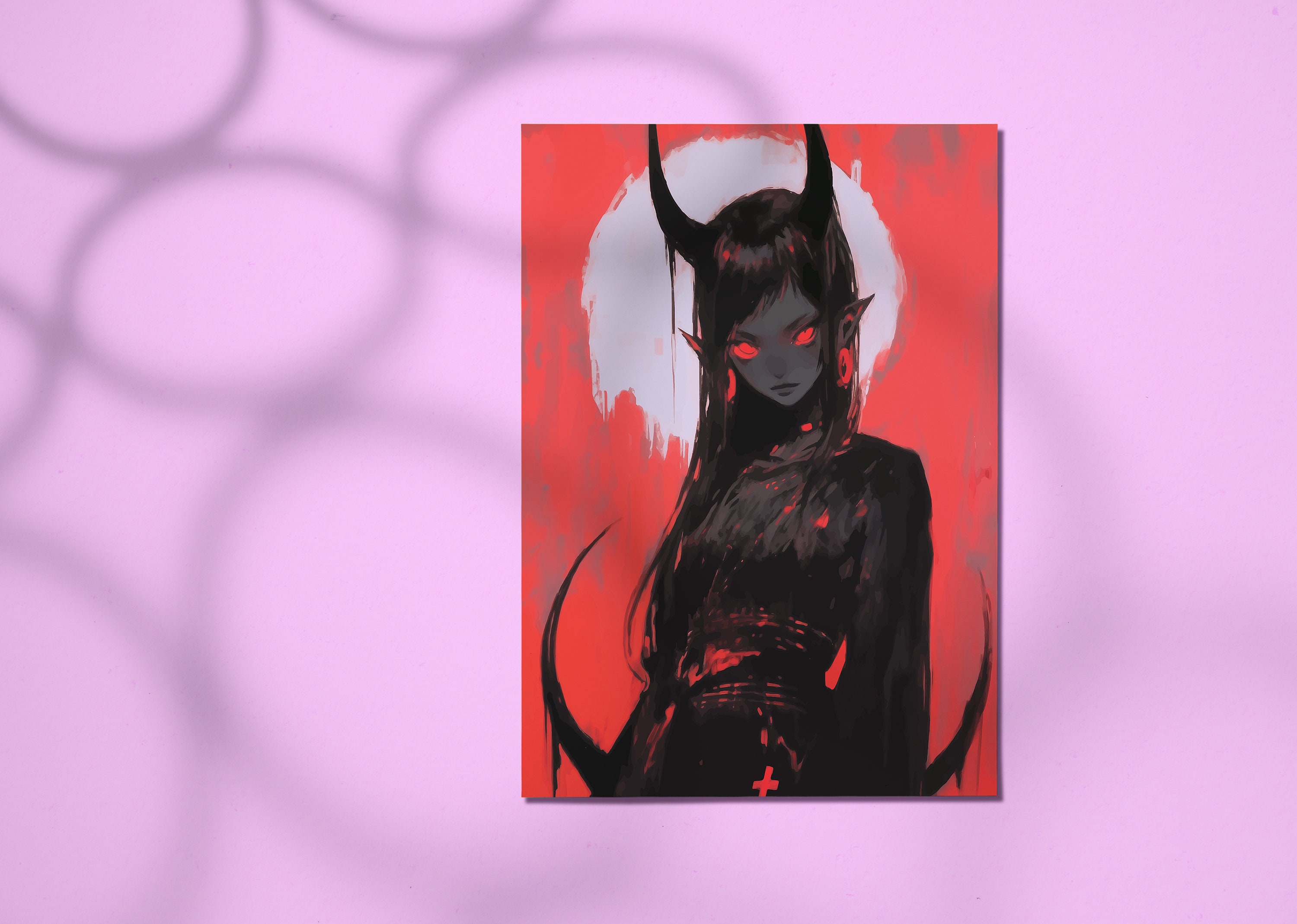 Demonic Art Print Red Demon Portrait Gothic Style Crimson Moon Wall ...