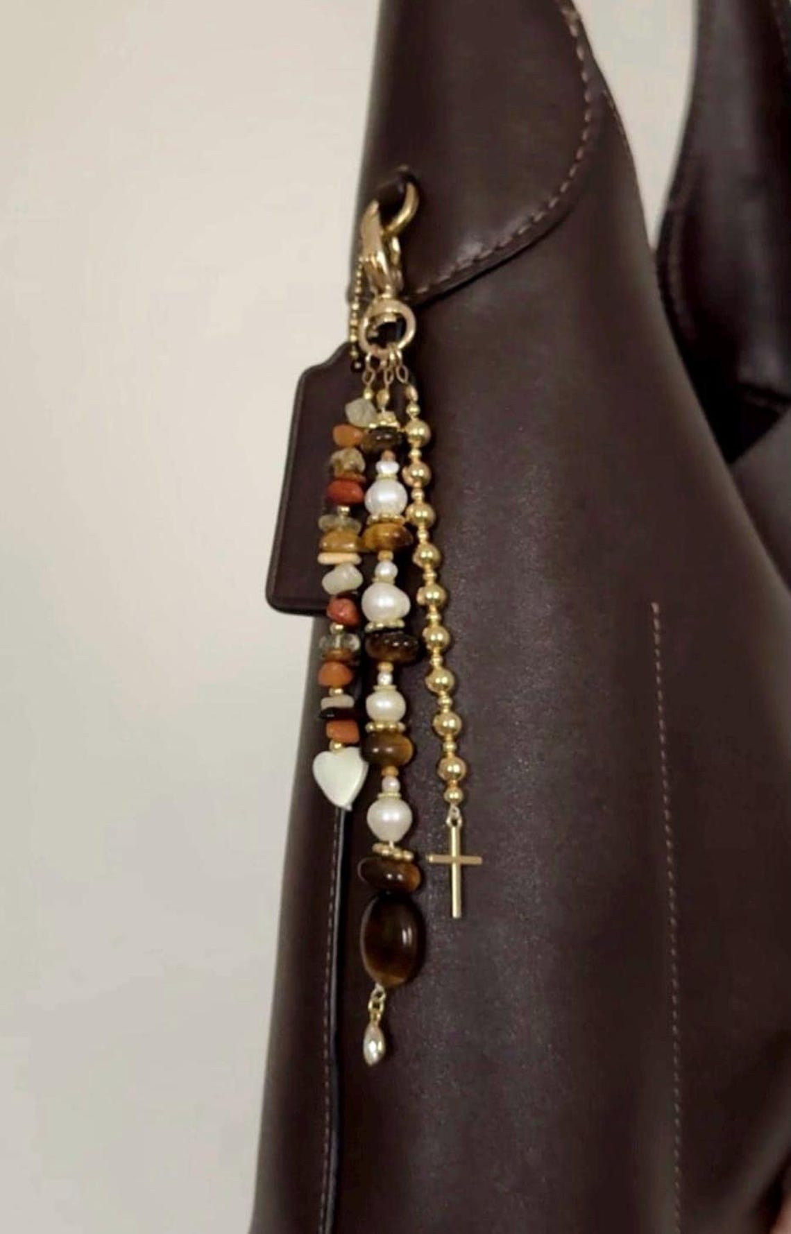 Andrea Bag Charm | Pearl & Tiger Eye Beaded Purse Charm With Gold Cross ...