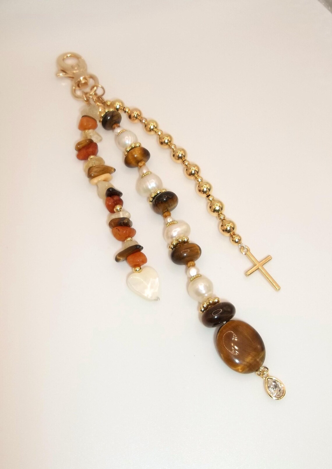 Andrea Bag Charm | Pearl & Tiger Eye Beaded Purse Charm With Gold Cross ...