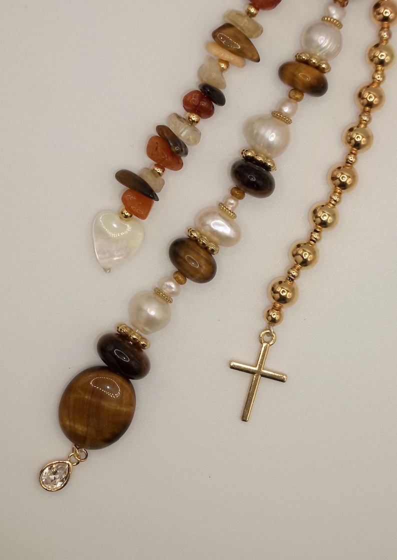 Andrea Bag Charm | Pearl & Tiger Eye Beaded Purse Charm With Gold Cross ...