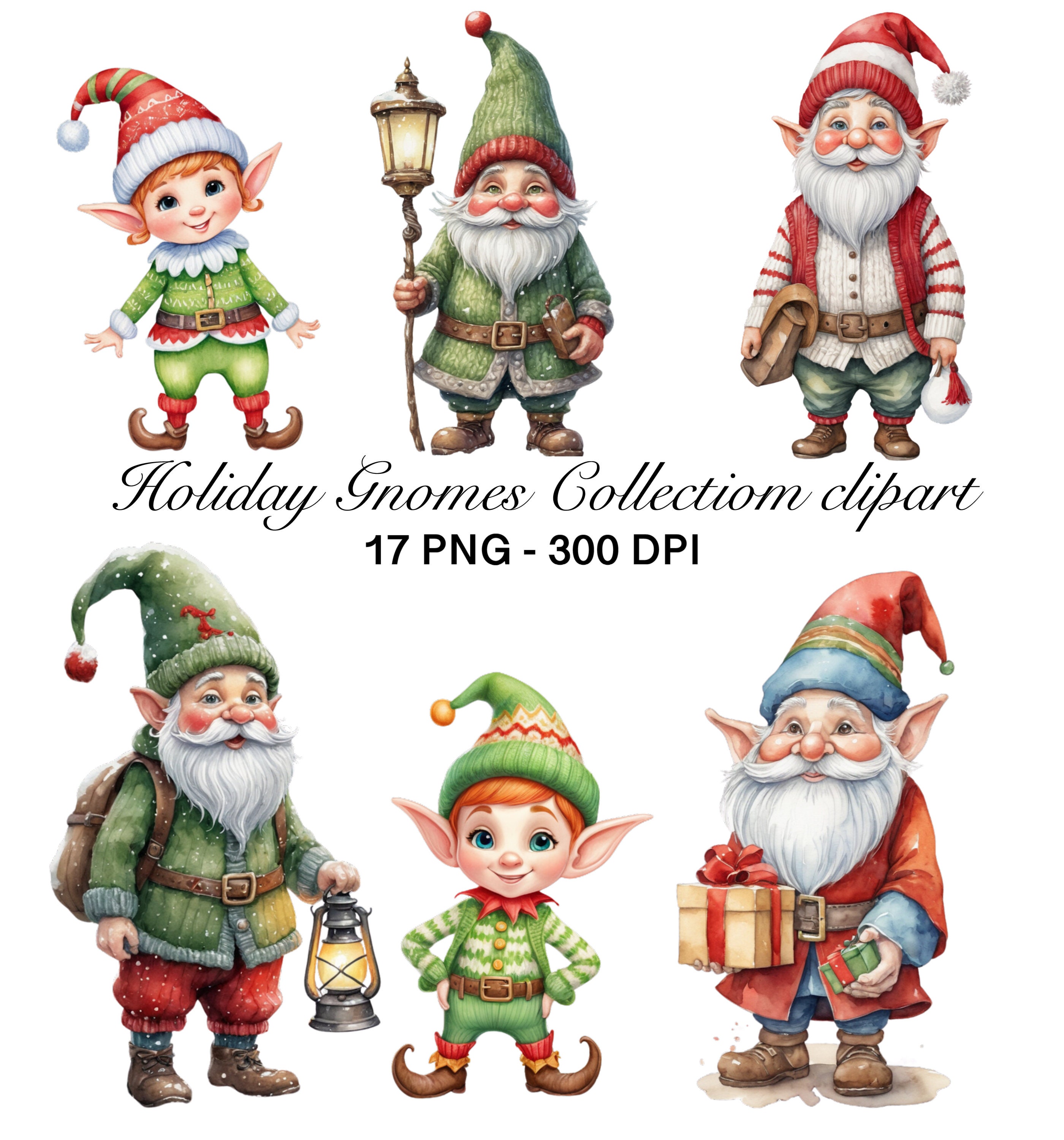 Watercolor Festive Gnomes Collection Clipart, 17 PNG Christmas Gnomes ...