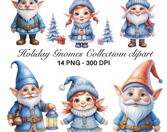 Watercolor Festive Gnomes Collection Clipart, 17 PNG Christmas Gnomes ...