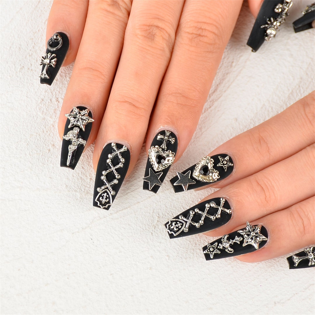 Luxury Black Cross Nailsblack and Ivory Silver Press on - Etsy