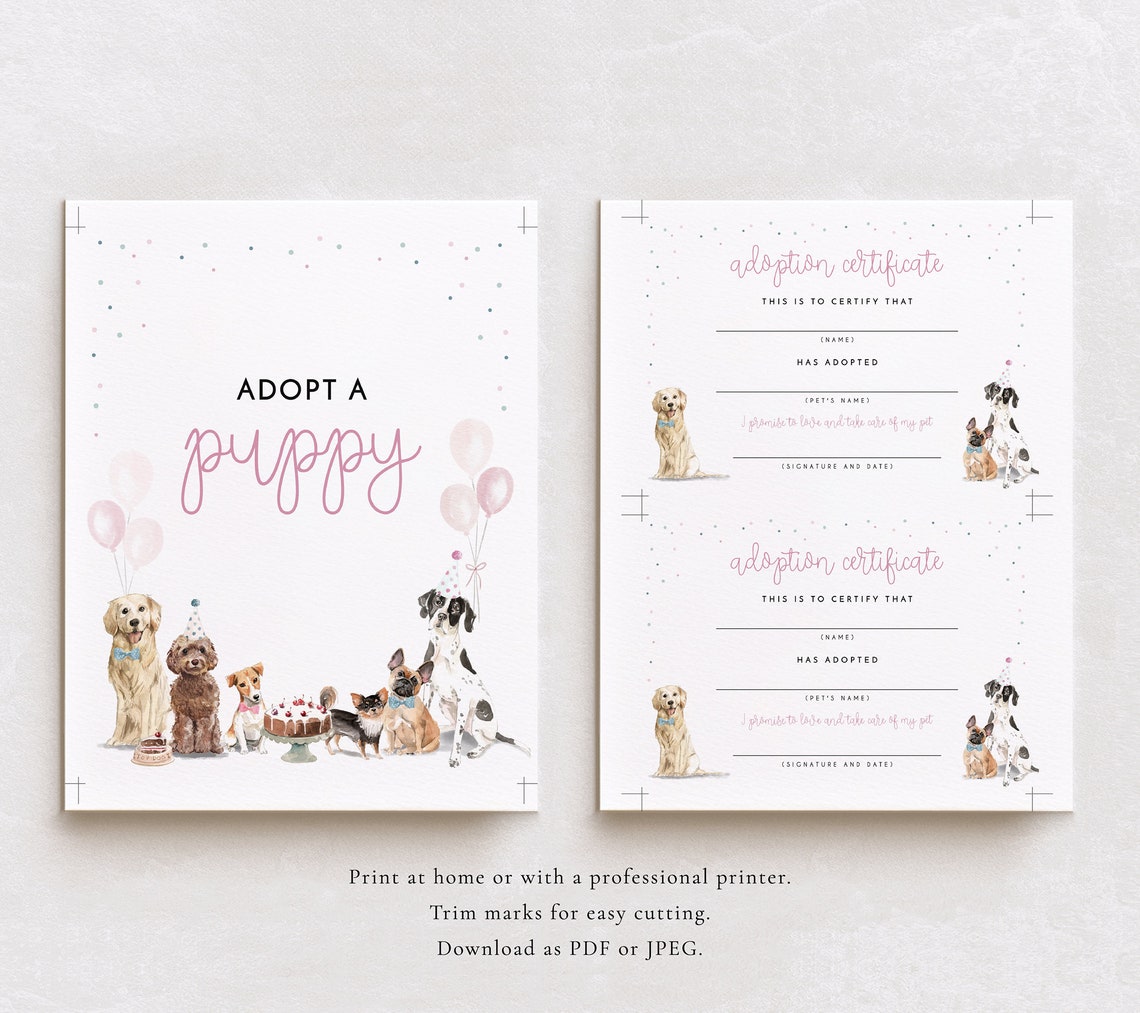 Dog Adoption Certificate and Sign Template Lets Pawty Puppy - Etsy
