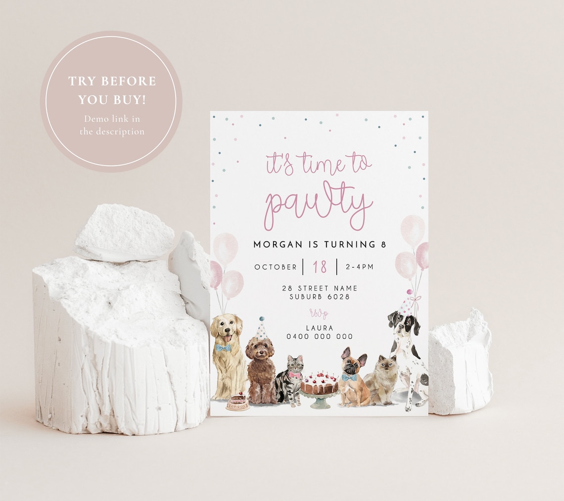 Dog and Cat Birthday Invitation Template, Lets Pawty, Puppy and Kitten ...