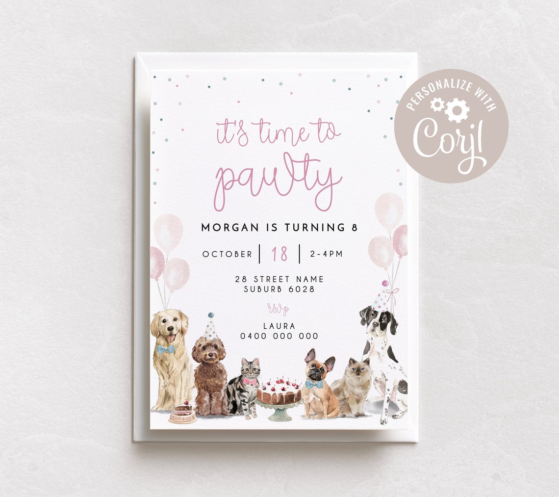 Dog and Cat Birthday Invitation Template, Lets Pawty, Puppy and Kitten ...