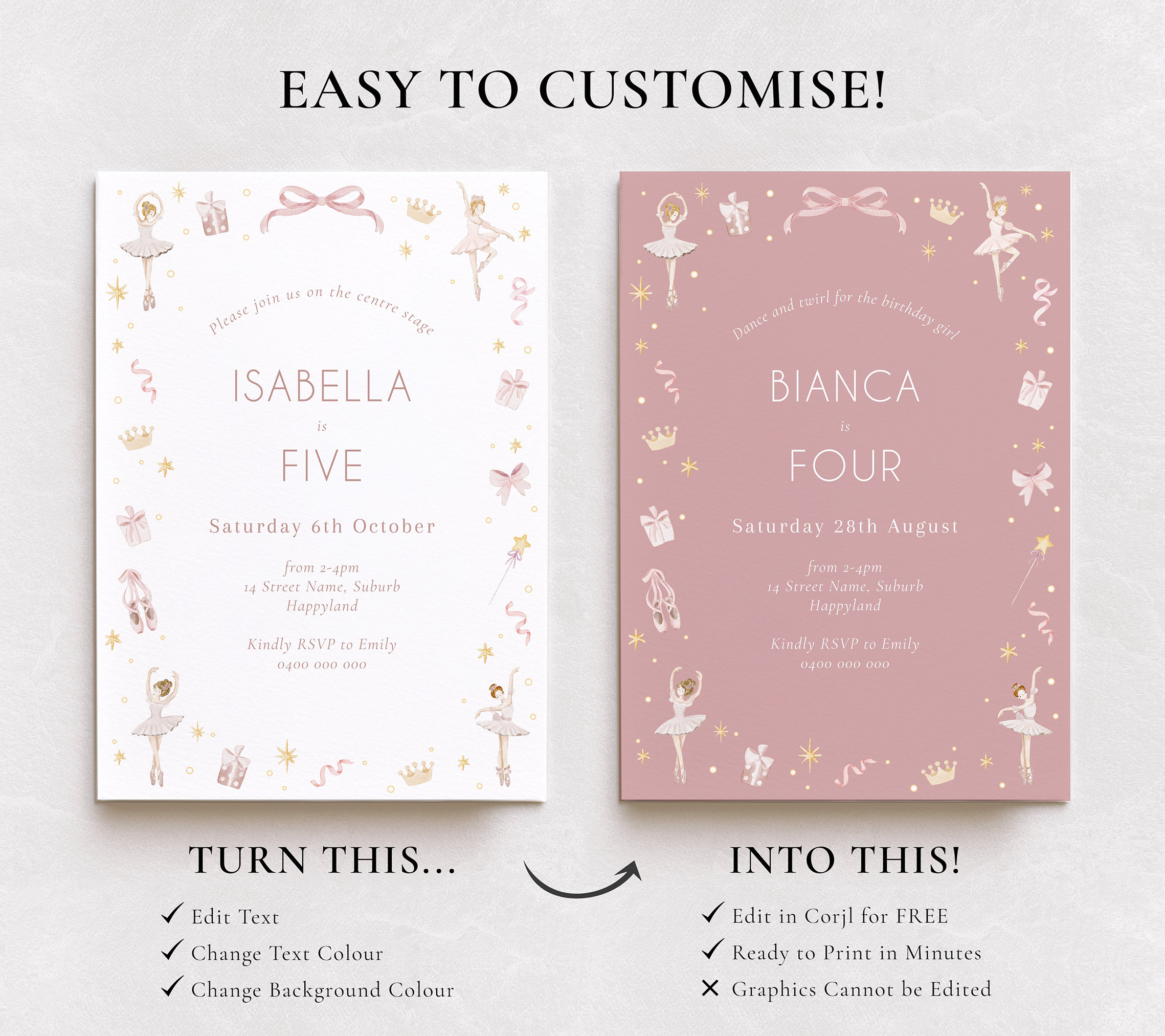 Ballerina Birthday Invitation Template, Ballet Dancer, Editable Digital ...