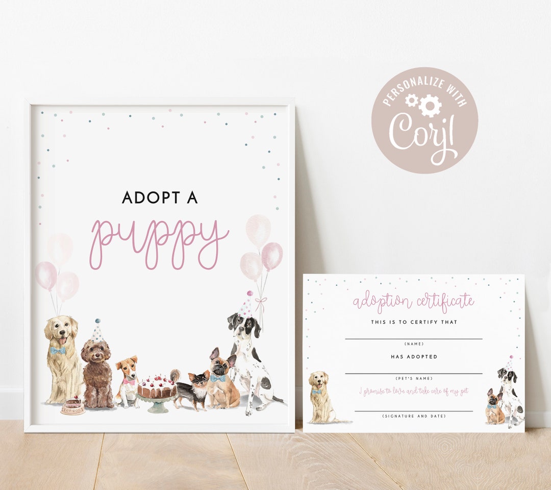 Dog Adoption Certificate and Sign Template, Lets Pawty, Puppy Pawty ...