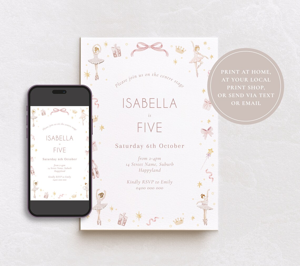 Ballerina Birthday Invitation Template, Ballet Dancer, Editable Digital ...