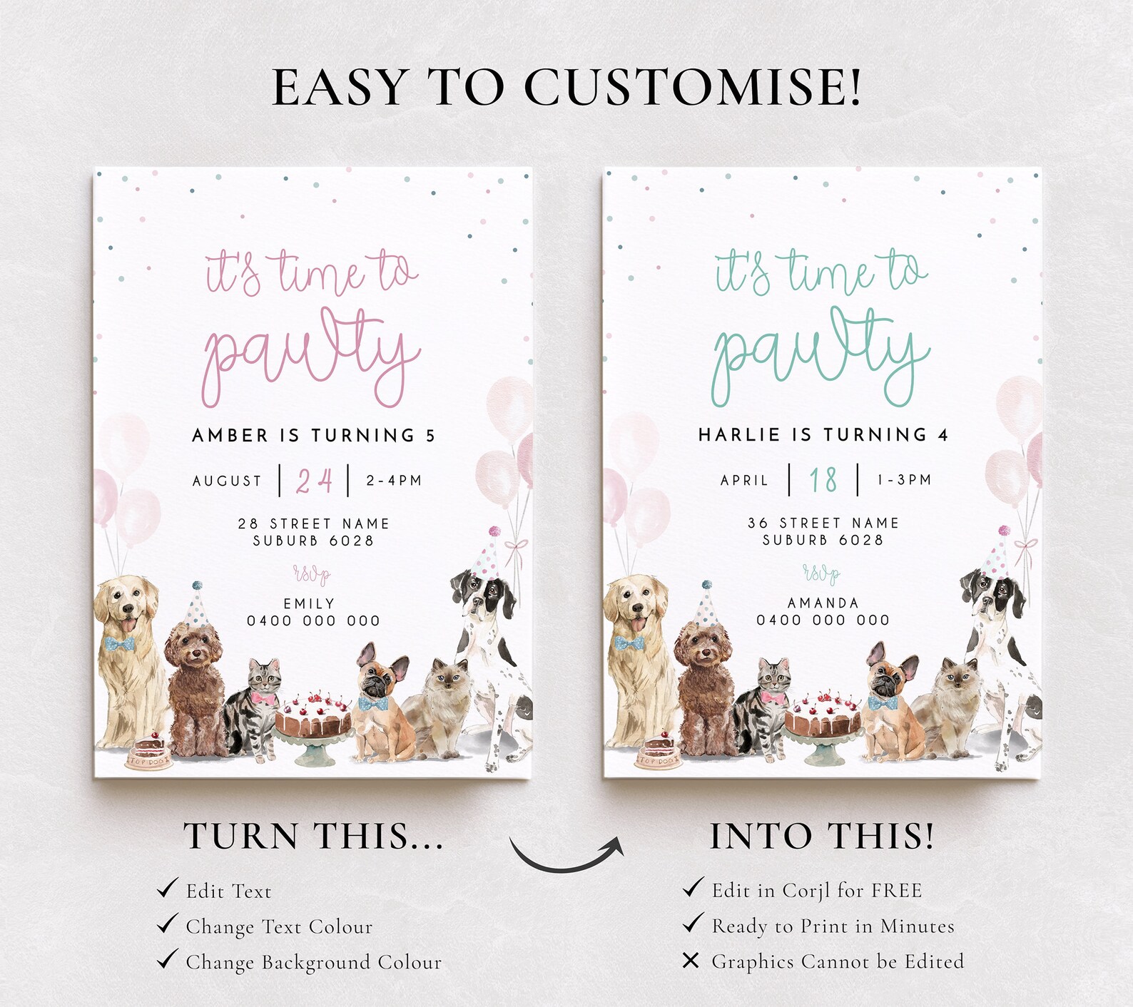 Dog and Cat Birthday Invitation Template, Lets Pawty, Puppy and Kitten ...