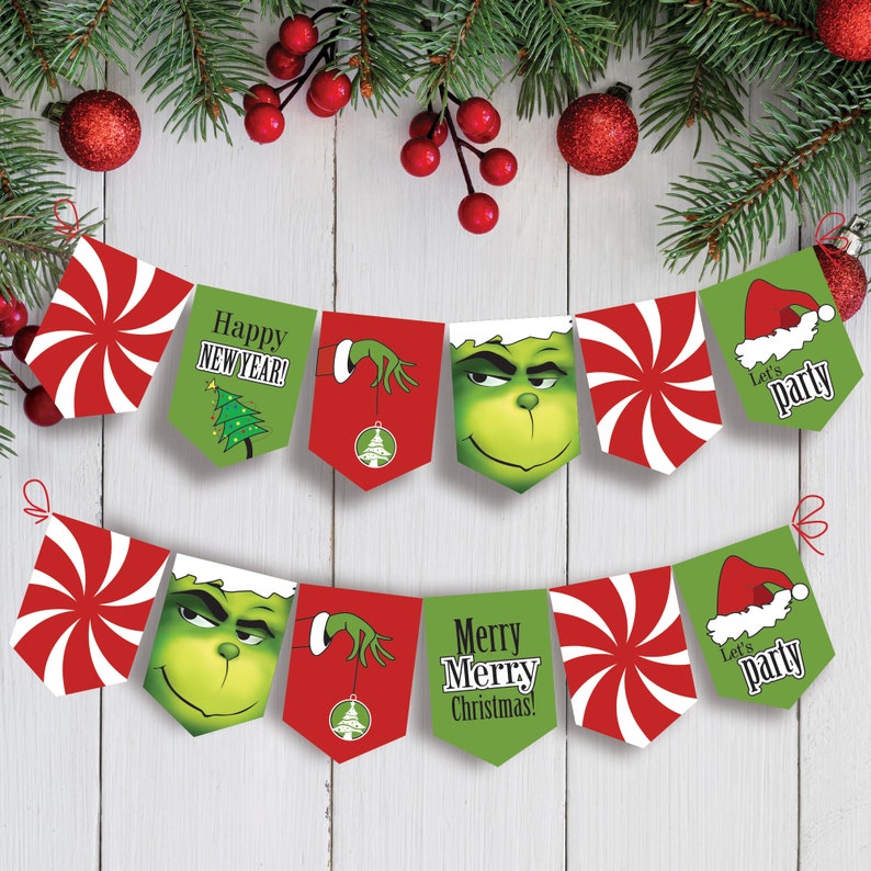 Red & Green Merry Christmas Banner, Grinch Banner, PRINTABLE, Merry ...