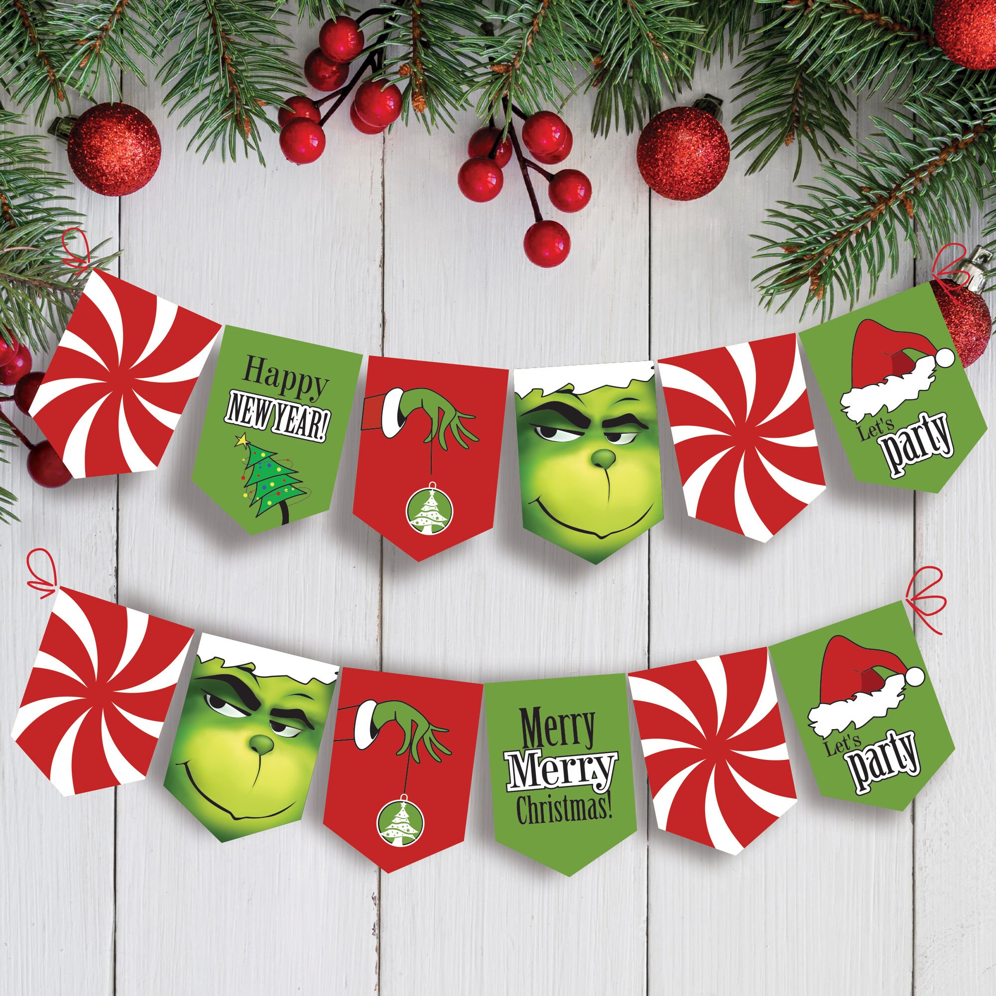 Red & Green Merry Christmas Banner, Grinch Banner, PRINTABLE, Merry ...
