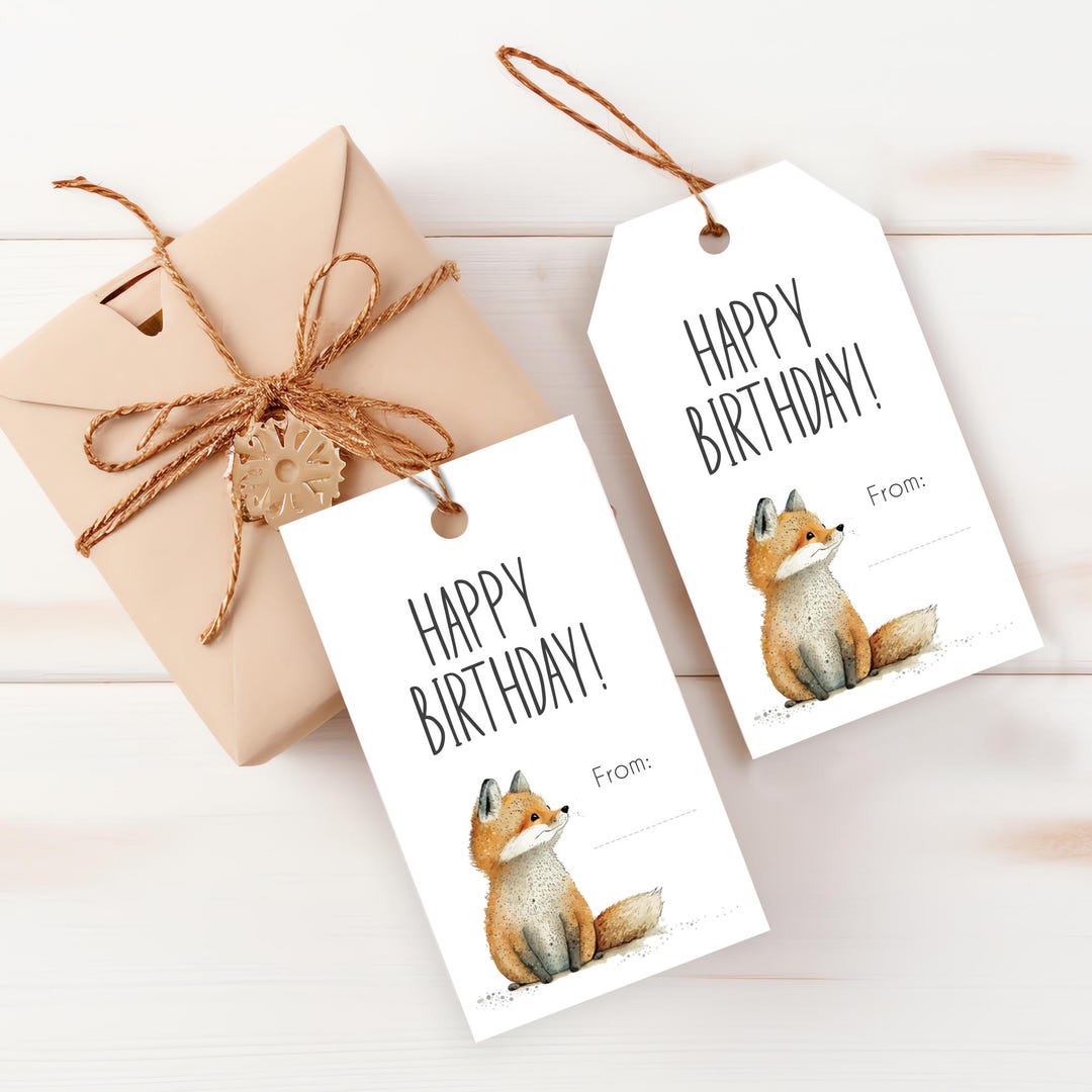 Birthday Gift Tag, Happy Birthday Tag, Fox Birthday Tag, Cute Animal ...