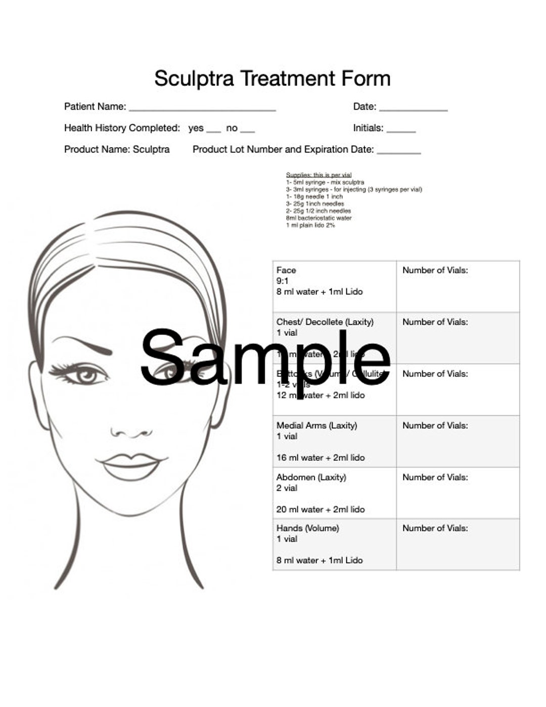 Sculptra Treatment Form, Dilution Guide & Supplies List (editable, PDF ...