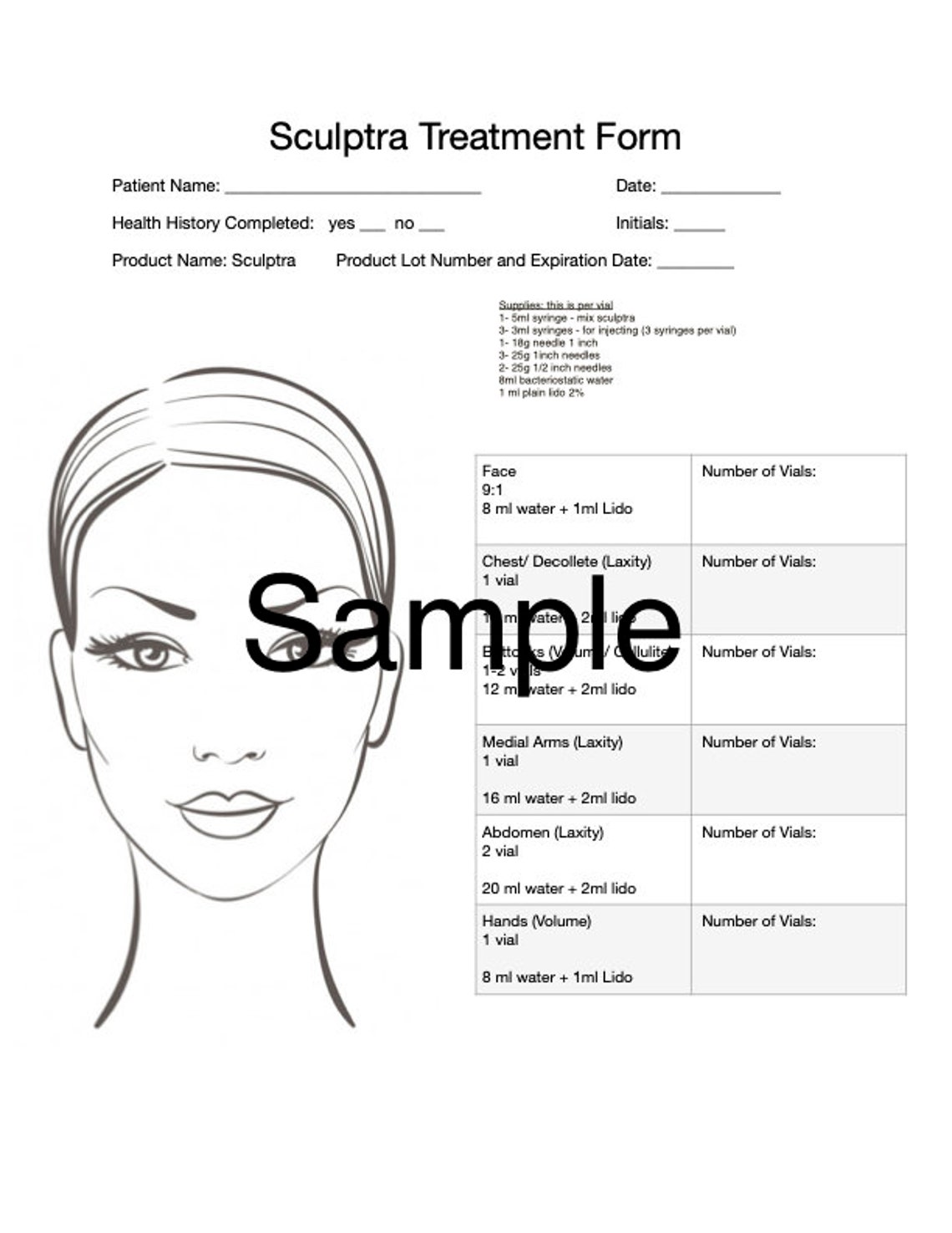 Sculptra Treatment Form With Dilution Cheat Sheet and Supplies List ...