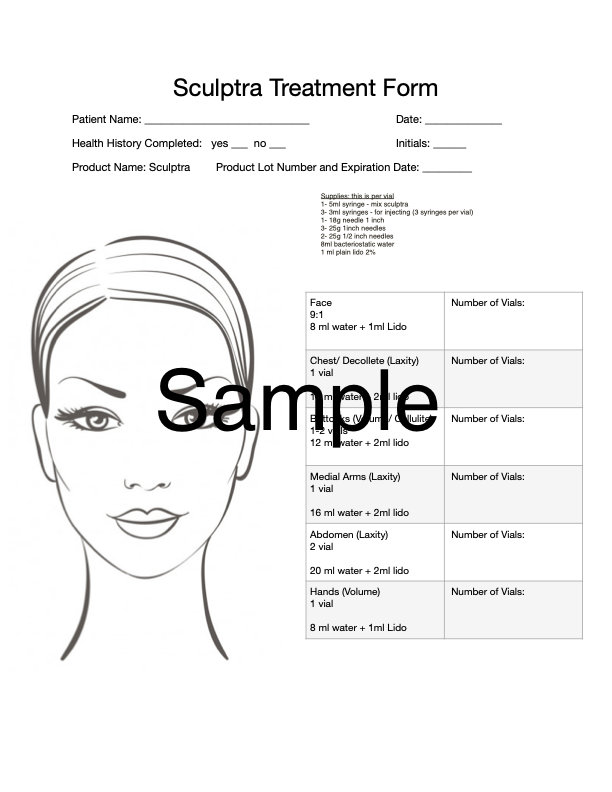 Sculptra Treatment Form With Dilution Cheat Sheet and Supplies List ...